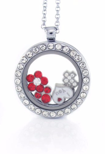 Floating Locket Necklace with 6 Mini Charms and Matching Chain (Silver ...